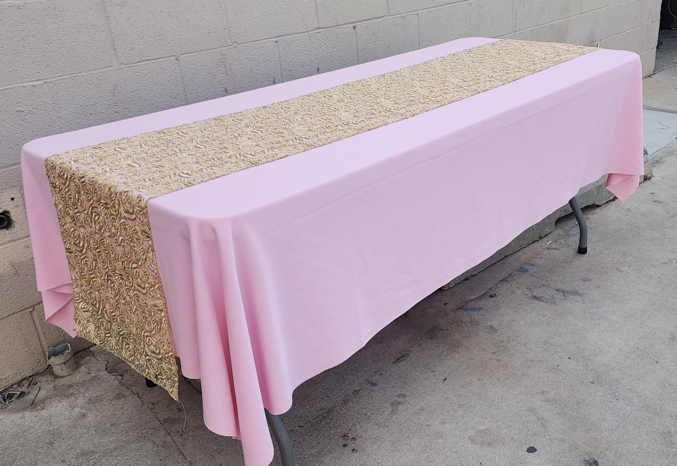 Baby pink Rectangular Linen with Gold Overlay 6′ in Length – Welcome ...